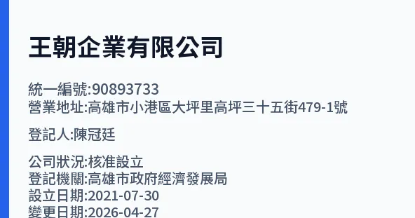 王朝企業有限公司的照片-統編 90893733(高雄市) 公司登記資料與營業項目詳細圖表
