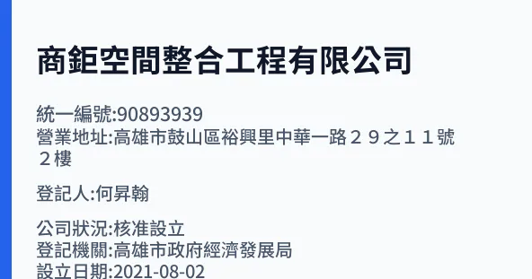 商鉅空間整合工程有限公司的照片-統編 90893939(高雄市) 公司登記資料與營業項目詳細圖表