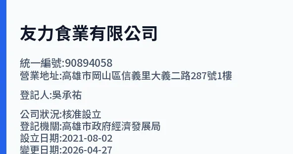 友力食業有限公司的照片-統編 90894058(高雄市) 公司登記資料與營業項目詳細圖表