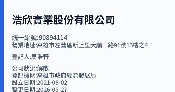 浩欣實業股份有限公司的照片-統編 90894114(高雄市) 公司登記資料與營業項目詳細圖表