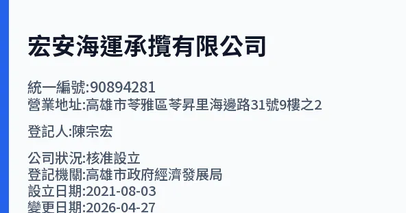 宏安海運承攬有限公司的照片-統編 90894281(高雄市) 公司登記資料與營業項目詳細圖表