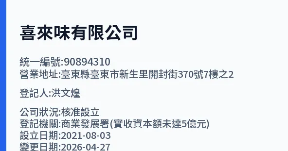 喜來味有限公司的照片-統編 90894310(臺東縣) 公司登記資料與營業項目詳細圖表
