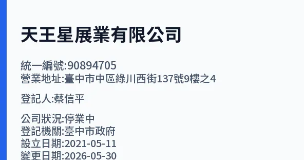 天王星展業有限公司的照片-統編 90894705(臺中市) 公司登記資料與營業項目詳細圖表