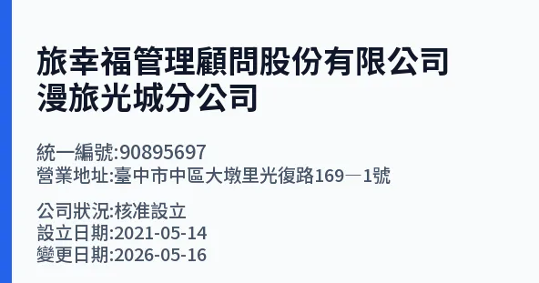 旅幸福管理顧問股份有限公司漫旅光城分公司的照片-統編 90895697(臺中市) 公司登記資料與營業項目詳細圖表