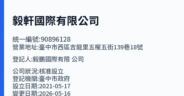 毅軒國際有限公司的照片-統編 90896128(臺中市) 公司登記資料與營業項目詳細圖表