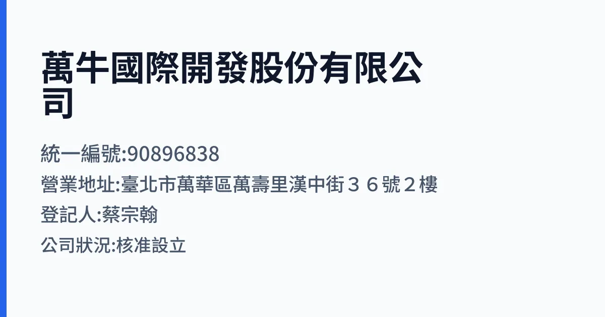 萬牛國際開發股份有限公司 - 統編 90896838(臺北市) 公司登記資料與營業項目詳細圖表