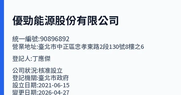 優勁能源股份有限公司的照片-統編 90896892(臺北市) 公司登記資料與營業項目詳細圖表