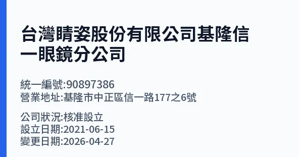 台灣睛姿股份有限公司基隆信一眼鏡分公司的照片-統編 90897386(基隆市) 公司登記資料與營業項目詳細圖表