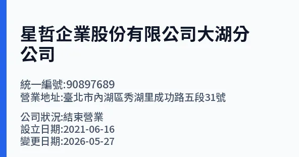 星哲企業股份有限公司大湖分公司的照片-統編 90897689(臺北市) 公司登記資料與營業項目詳細圖表