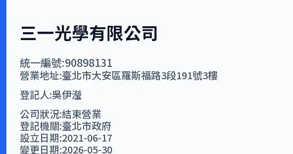 三一光學有限公司的照片-統編 90898131(臺北市) 公司登記資料與營業項目詳細圖表