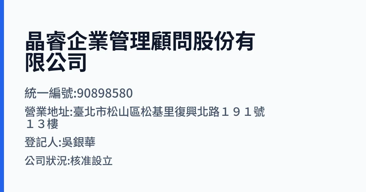 晶睿企業管理顧問股份有限公司 - 統編 90898580(臺北市) 公司登記資料與營業項目詳細圖表
