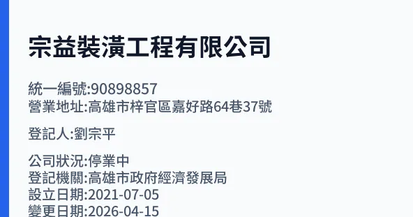 宗益裝潢工程有限公司的照片-統編 90898857(高雄市) 公司登記資料與營業項目詳細圖表