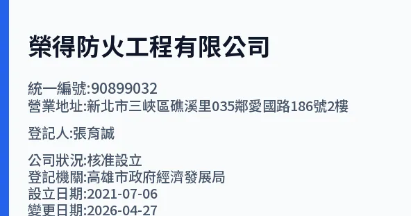 榮得防火工程有限公司的照片-統編 90899032(新北市) 公司登記資料與營業項目詳細圖表