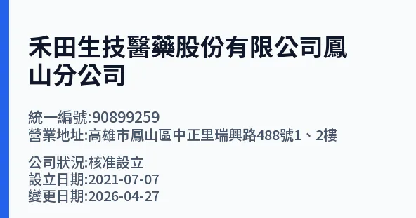 禾田生技醫藥股份有限公司鳳山分公司的照片-統編 90899259(高雄市) 公司登記資料與營業項目詳細圖表
