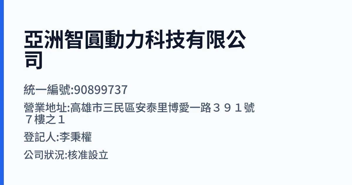 亞洲智圓動力科技有限公司 - 統編 90899737(高雄市) 公司登記資料與營業項目詳細圖表