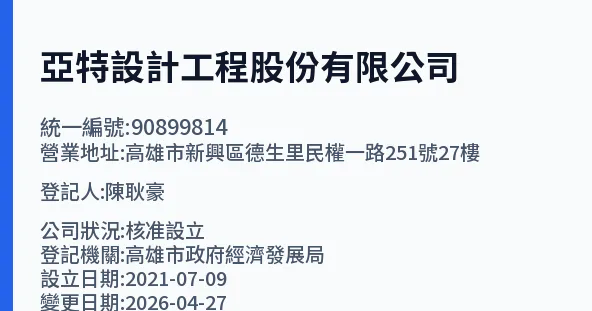 亞特設計工程股份有限公司的照片-統編 90899814(高雄市) 公司登記資料與營業項目詳細圖表