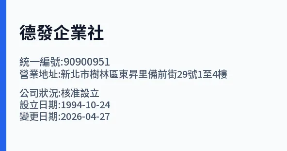 德發企業社的照片-統編 90900951(新北市) 公司登記資料與營業項目詳細圖表
