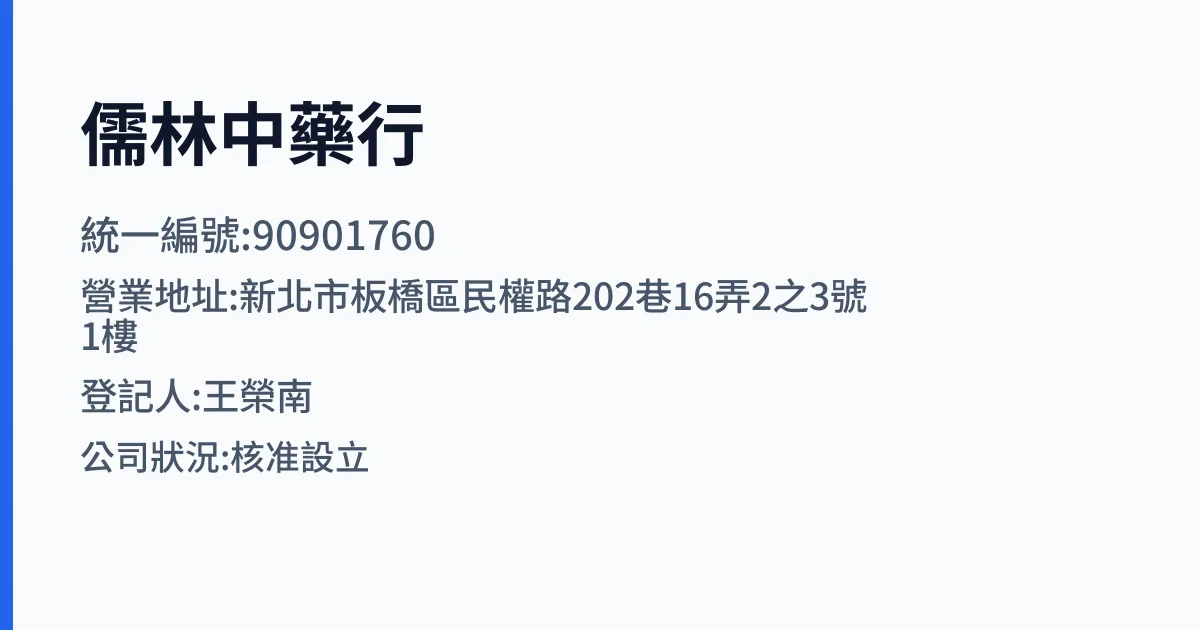 儒林中藥行 - 統編 90901760(新北市) 公司登記資料與營業項目詳細圖表