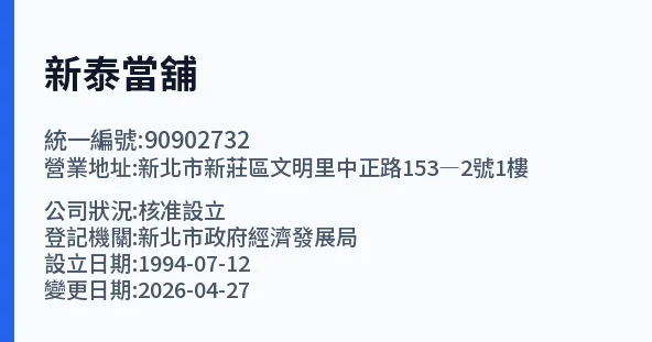新泰當舖的照片-統編 90902732(新北市) 公司登記資料與營業項目詳細圖表