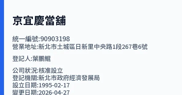 京宜慶當舖的照片-統編 90903198(新北市) 公司登記資料與營業項目詳細圖表