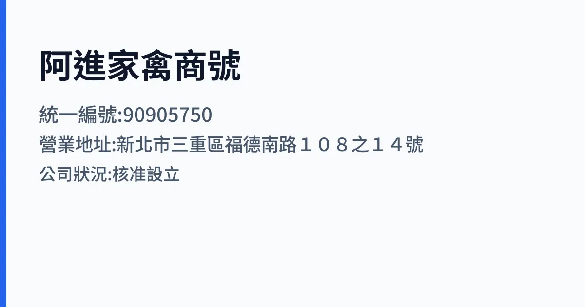 阿進家禽商號 - 統編 90905750(新北市) 公司登記資料與營業項目詳細圖表