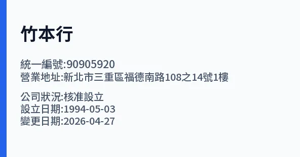 竹本行的照片-統編 90905920(新北市) 公司登記資料與營業項目詳細圖表