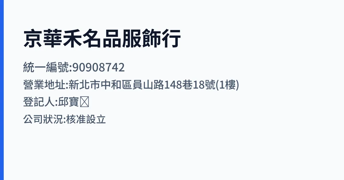 京華禾名品服飾行 - 統編 90908742(新北市) 公司登記資料與營業項目詳細圖表