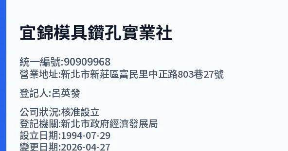 宜錦模具鑽孔實業社的照片-統編 90909968(新北市) 公司登記資料與營業項目詳細圖表