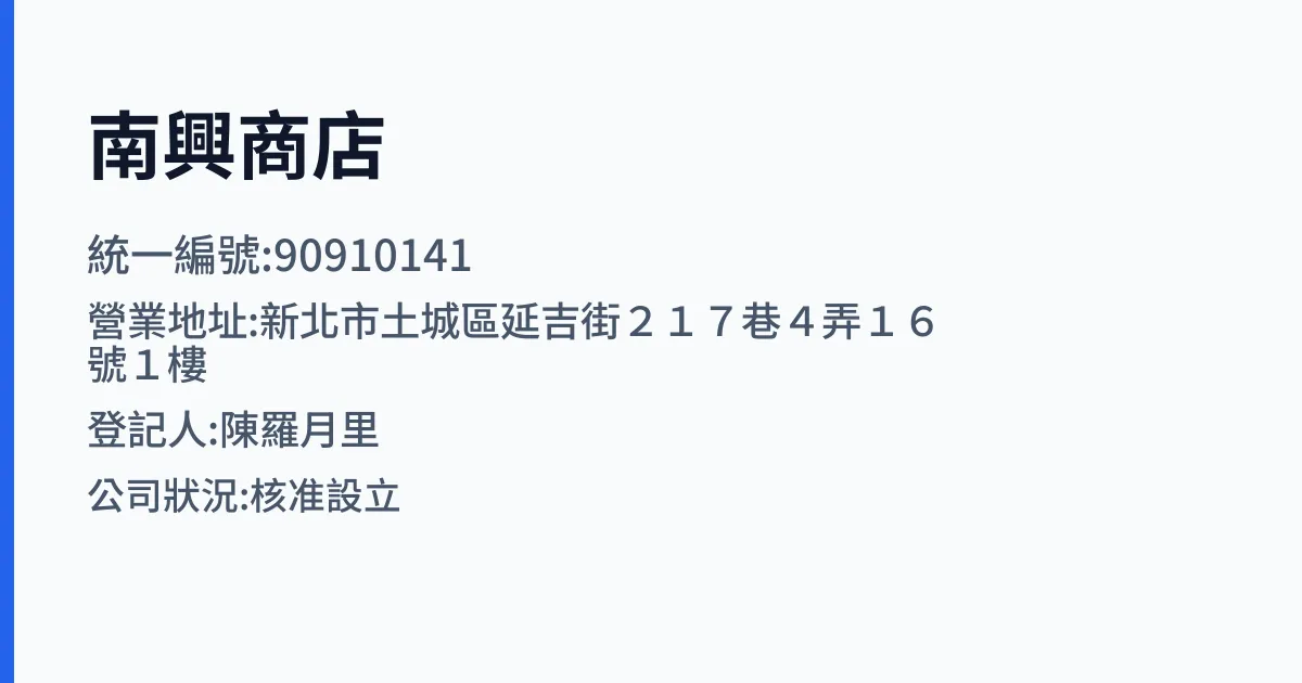 南興商店 - 統編 90910141(新北市) 公司登記資料與營業項目詳細圖表