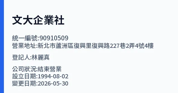 文大企業社的照片-統編 90910509(新北市) 公司登記資料與營業項目詳細圖表