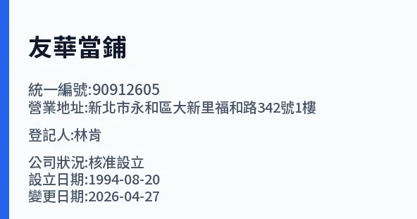友華當鋪的照片-統編 90912605(新北市) 公司登記資料與營業項目詳細圖表