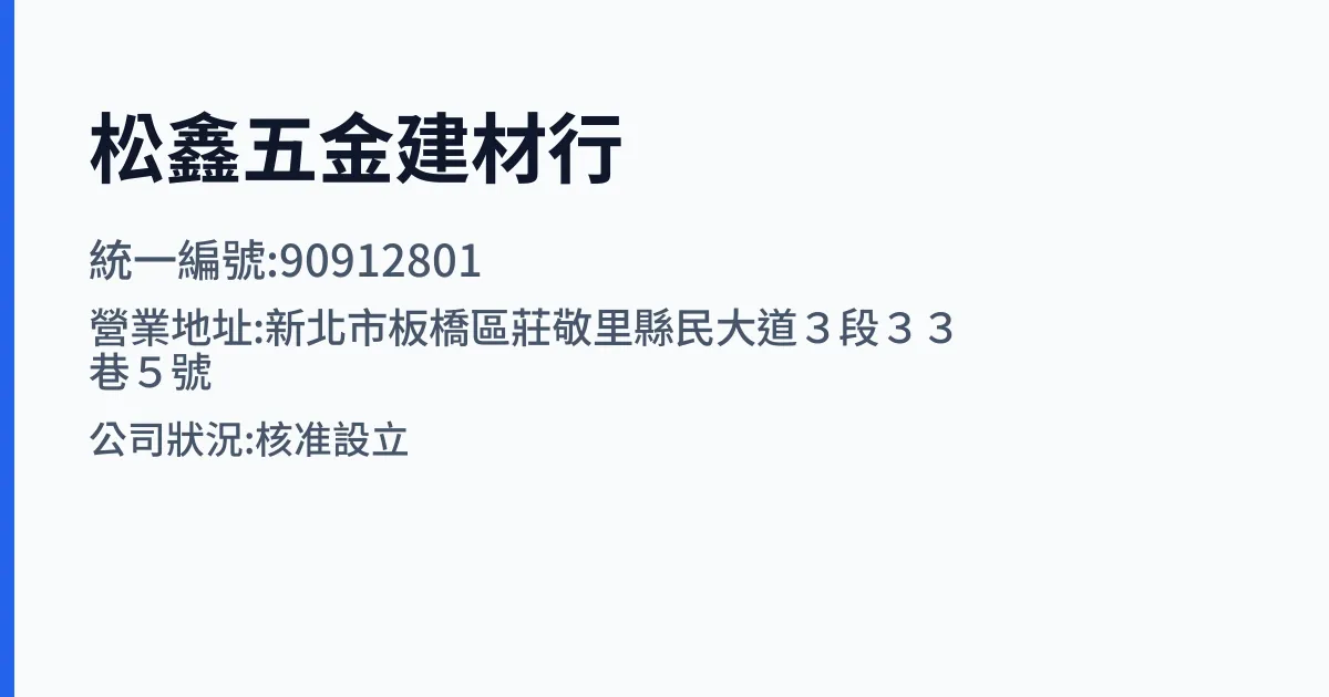 松鑫五金建材行 - 統編 90912801(新北市) 公司登記資料與營業項目詳細圖表