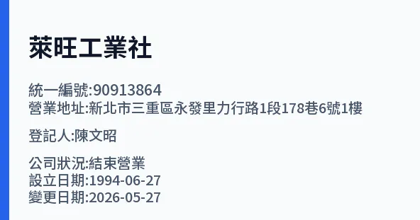 萊旺工業社的照片-統編 90913864(新北市) 公司登記資料與營業項目詳細圖表