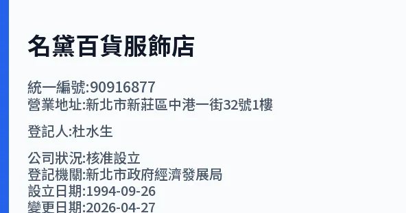 名黛百貨服飾店的照片-統編 90916877(新北市) 公司登記資料與營業項目詳細圖表