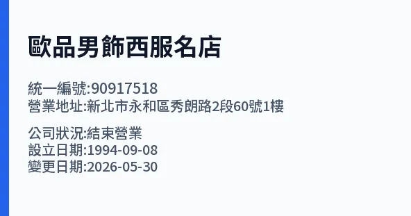歐品男飾西服名店的照片-統編 90917518(新北市) 公司登記資料與營業項目詳細圖表