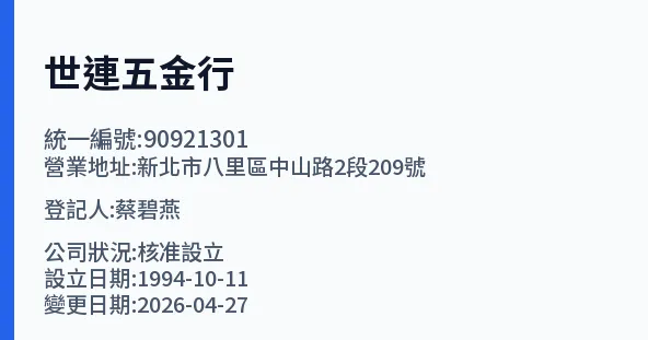 世連五金行的照片-統編 90921301(新北市) 公司登記資料與營業項目詳細圖表