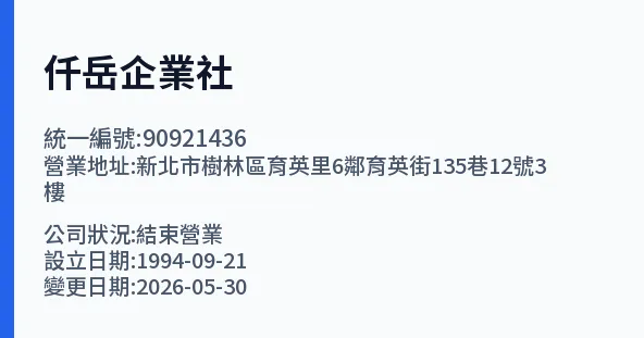 仟岳企業社的照片-統編 90921436(新北市) 公司登記資料與營業項目詳細圖表