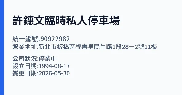 許鏸文臨時私人停車場的照片-統編 90922982(新北市) 公司登記資料與營業項目詳細圖表