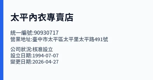 太平內衣專賣店的照片-統編 90930717(臺中市) 公司登記資料與營業項目詳細圖表
