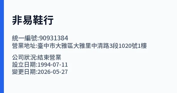 非易鞋行的照片-統編 90931384(臺中市) 公司登記資料與營業項目詳細圖表