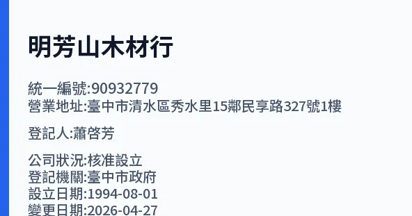 明芳山木材行的照片-統編 90932779(臺中市) 公司登記資料與營業項目詳細圖表
