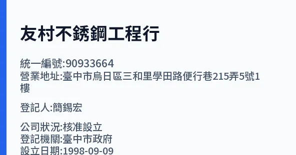 友村不銹鋼工程行的照片-統編 90933664(臺中市) 公司登記資料與營業項目詳細圖表
