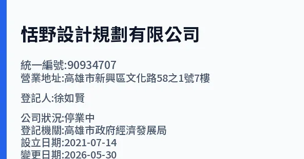 恬野設計規劃有限公司的照片-統編 90934707(高雄市) 公司登記資料與營業項目詳細圖表