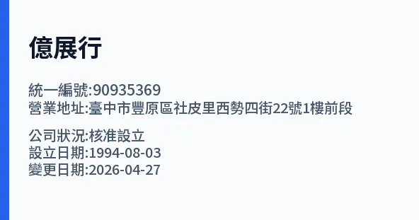 億展行的照片-統編 90935369(臺中市) 公司登記資料與營業項目詳細圖表