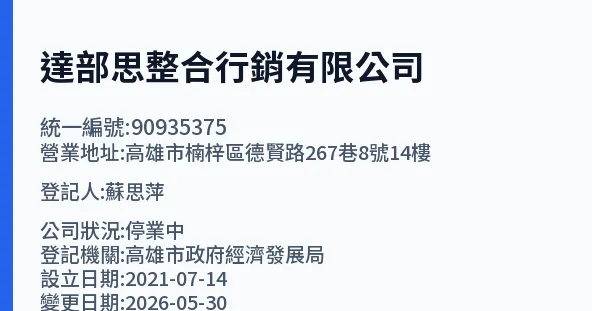 達部思整合行銷有限公司的照片-統編 90935375(高雄市) 公司登記資料與營業項目詳細圖表
