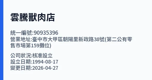 雲騰獸肉店的照片-統編 90935396(臺中市) 公司登記資料與營業項目詳細圖表