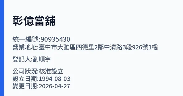 彰億當舖的照片-統編 90935430(臺中市) 公司登記資料與營業項目詳細圖表