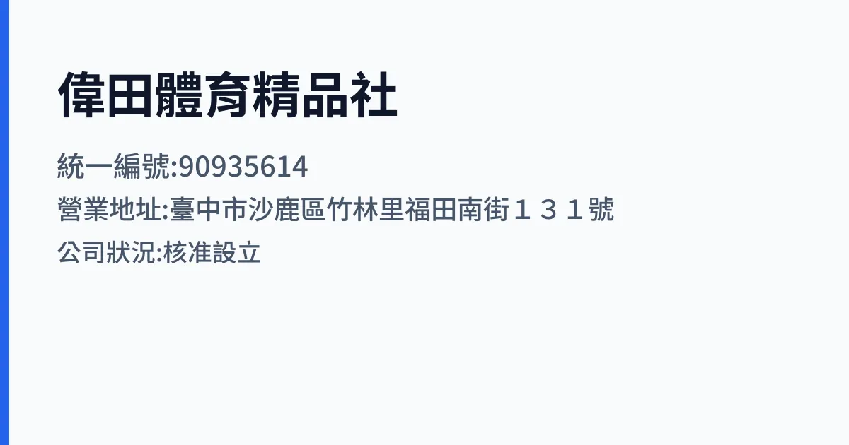 偉田體育精品社 - 統編 90935614(臺中市) 公司登記資料與營業項目詳細圖表