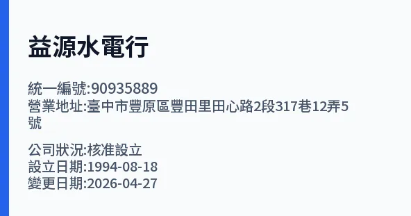 益源水電行的照片-統編 90935889(臺中市) 公司登記資料與營業項目詳細圖表