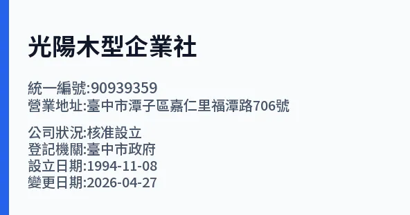 光陽木型企業社的照片-統編 90939359(臺中市) 公司登記資料與營業項目詳細圖表